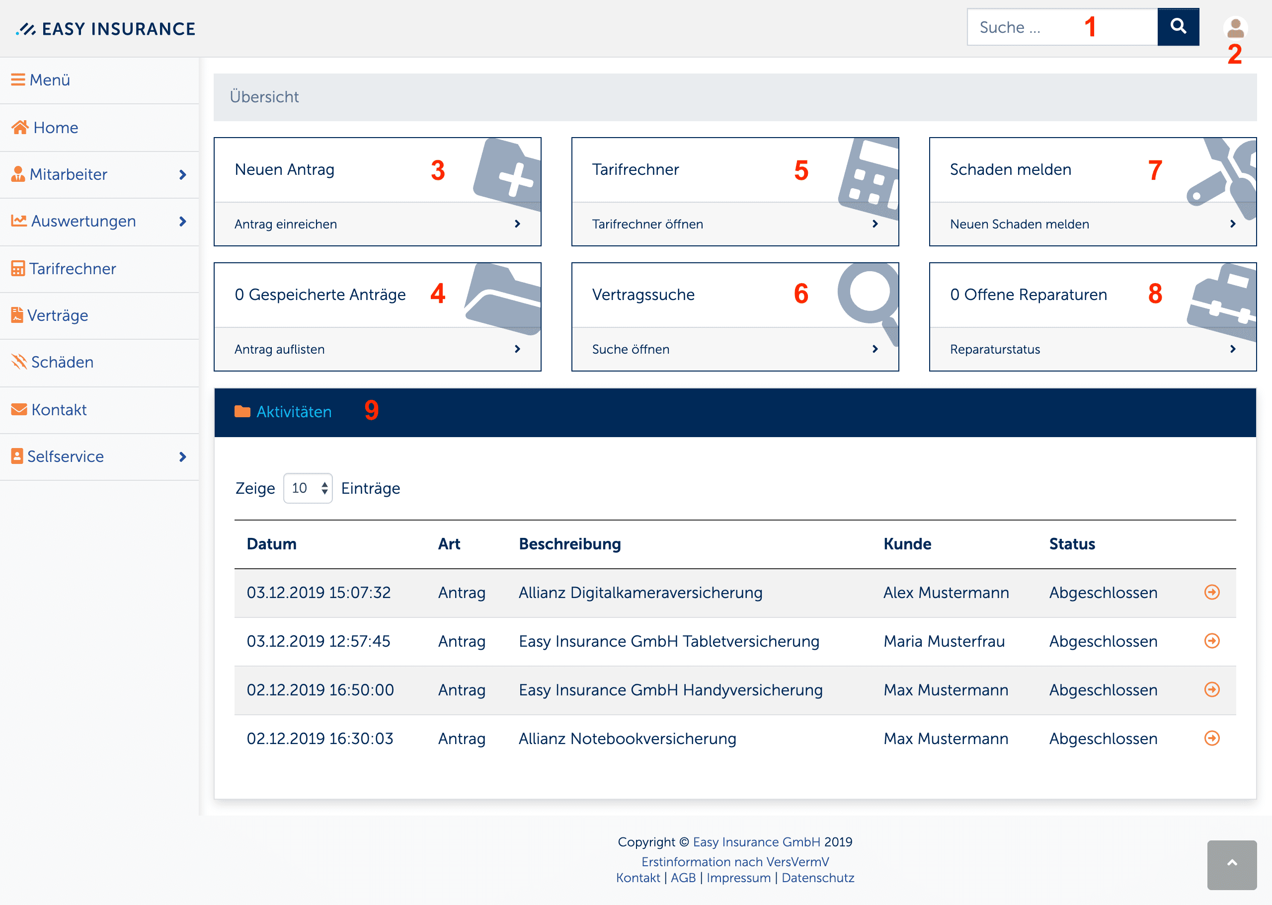 Übersichtsseite vom Partnerportal von Easy Insurance | easy.eu